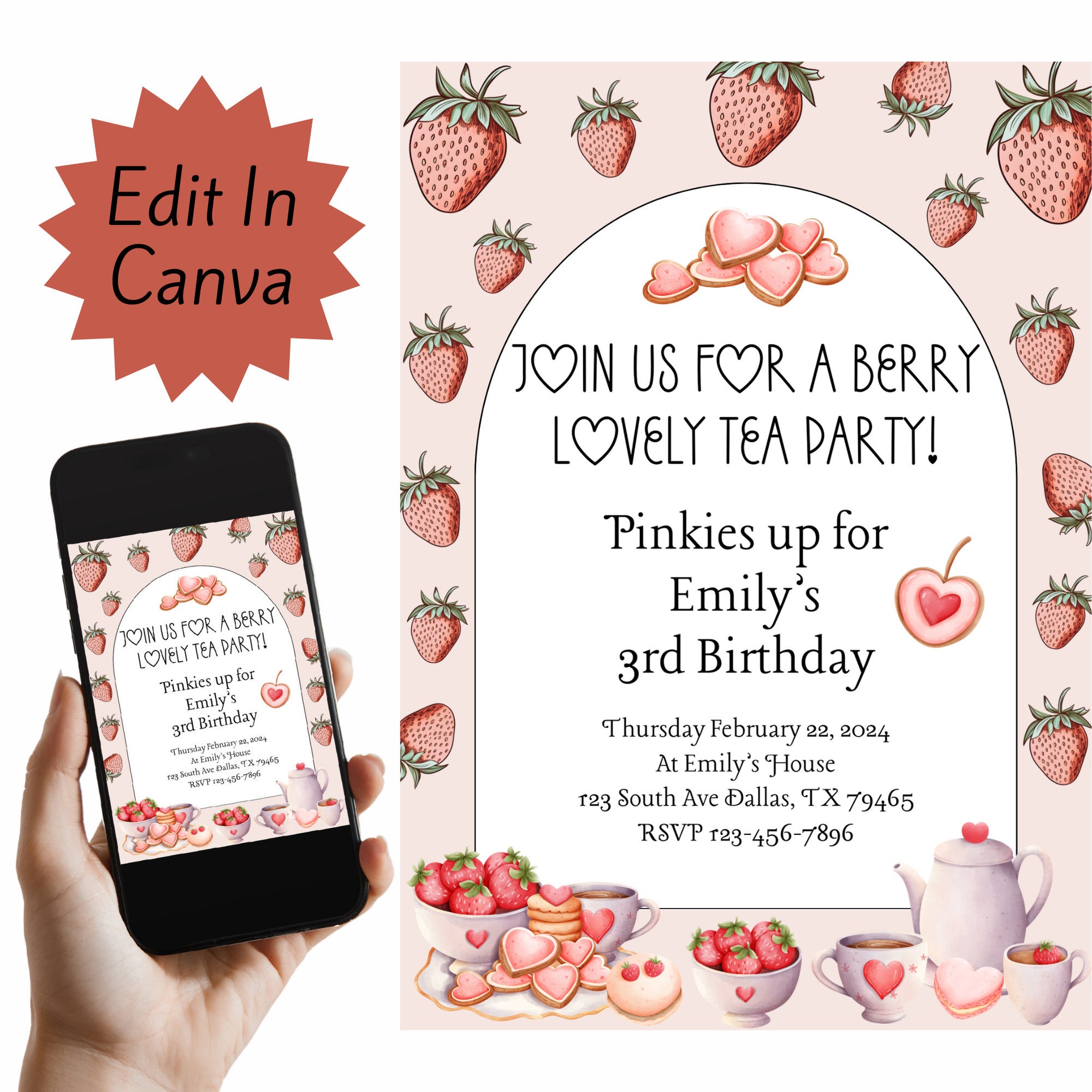 Strawberry Tea Party Birthday Party Invitation Berry Sweet Par-tea ...