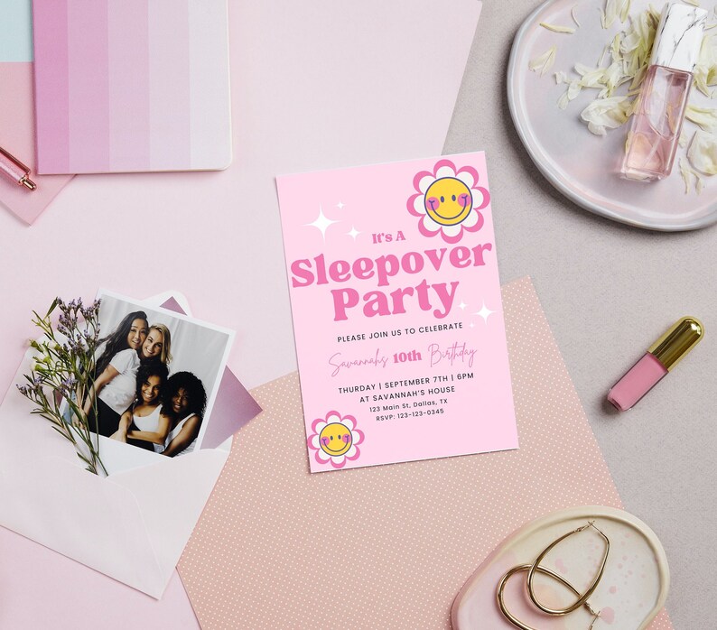 Preppy Sleepover Birthday Invitation Girls Pink Slumber Party Invite ...