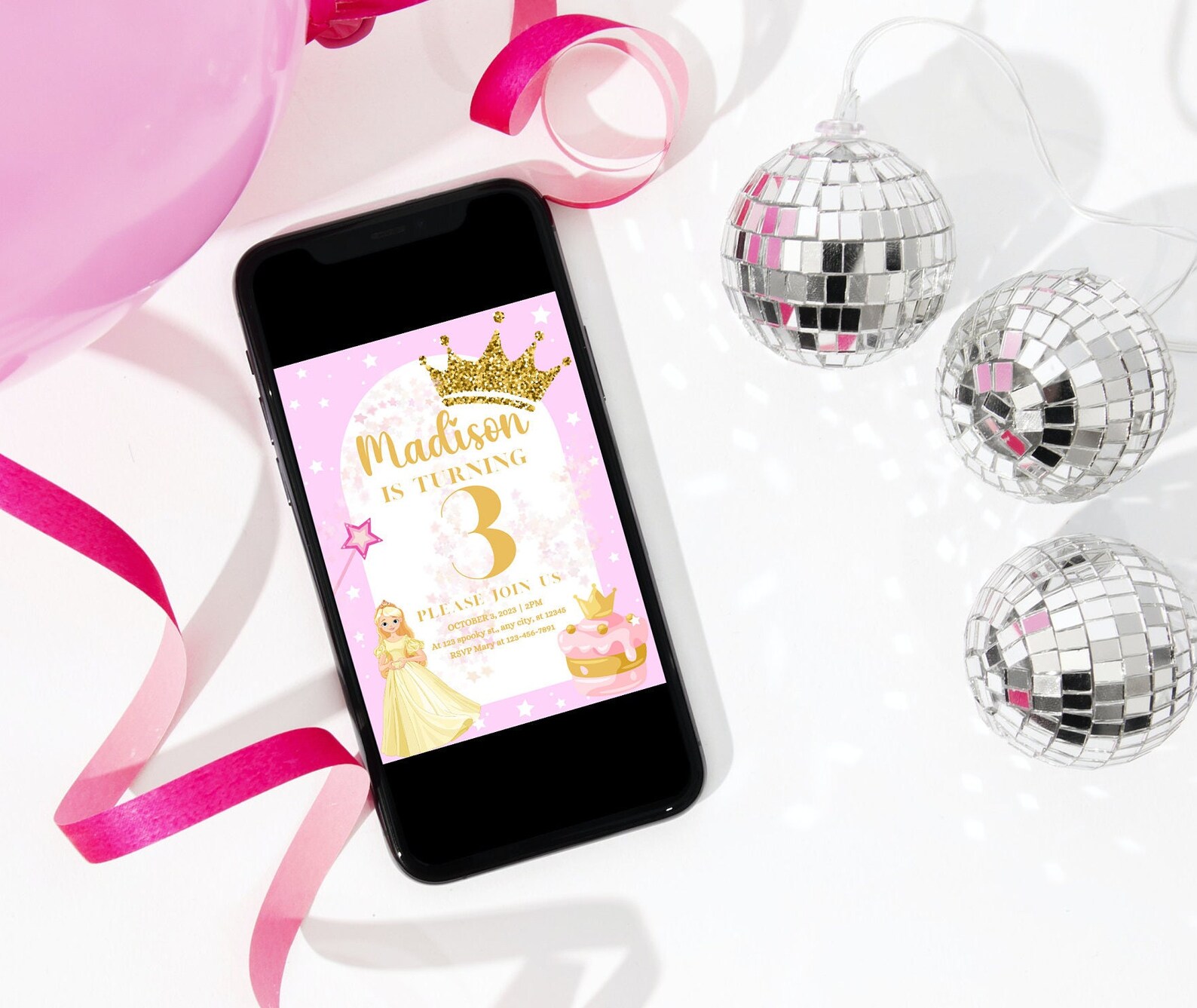 Pink Princess Invitation Birthday Evite Printable Girls Birthday Party ...