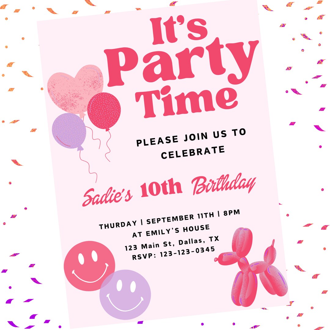 Girls Birthday Invitation Preppy Balloon Dog Smile Face Pink Evite ...