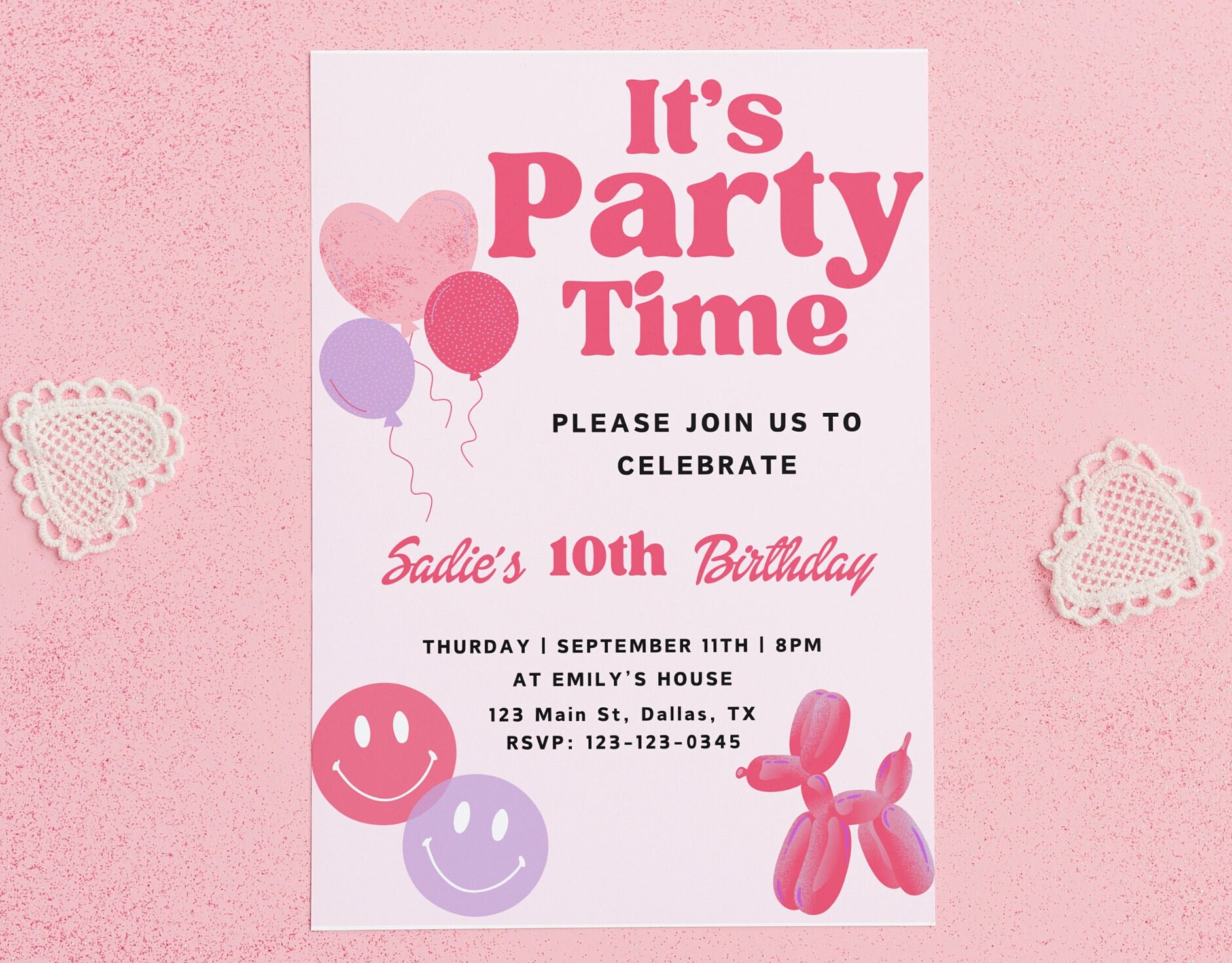 Girls Birthday Invitation Preppy Balloon Dog Smile Face Pink Evite ...