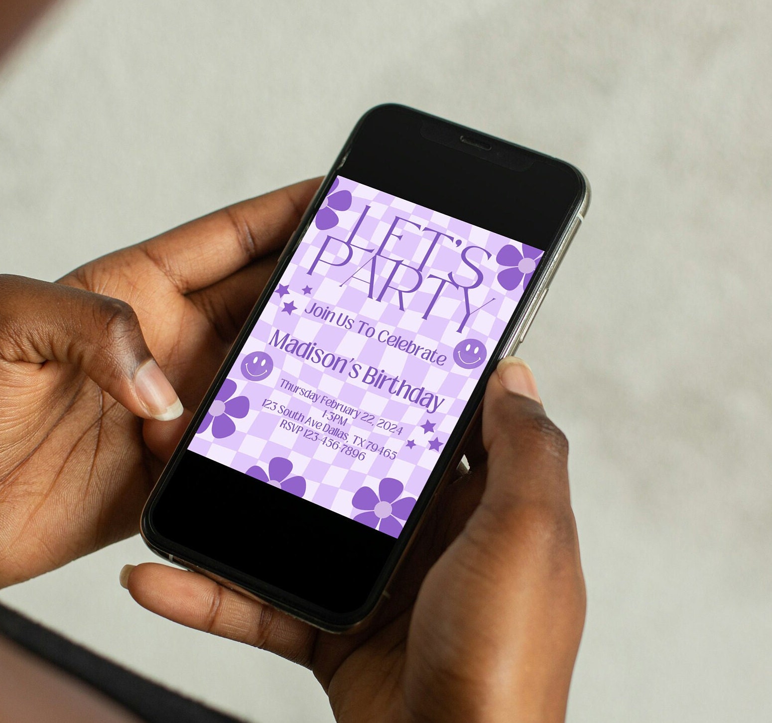 Purple Girls Birthday Party Invitation Wavey Checkered Preppy Happy ...