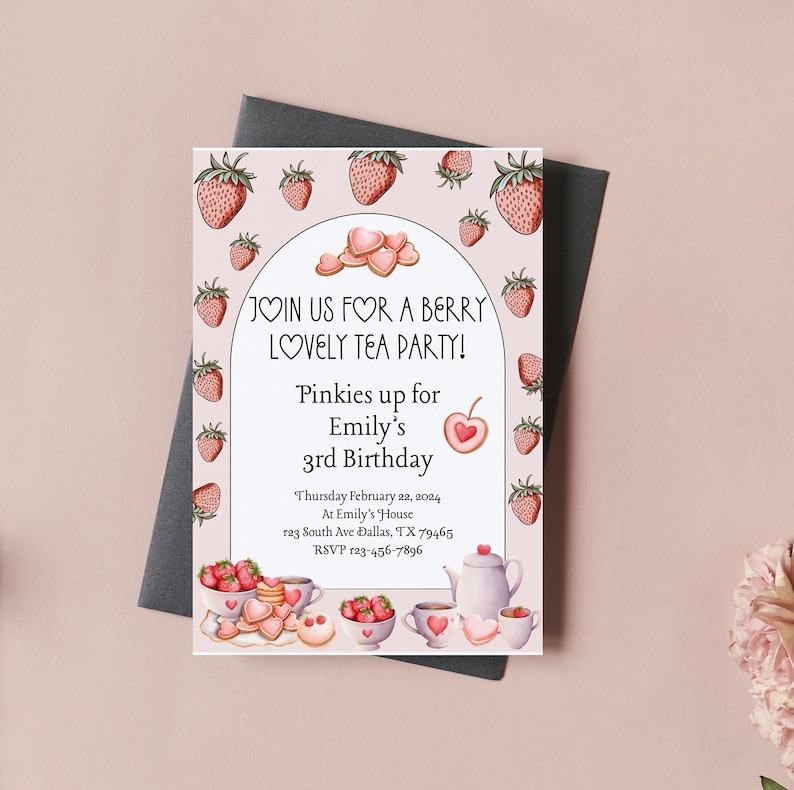 Strawberry Tea Party Birthday Party Invitation Berry Sweet Par-tea ...