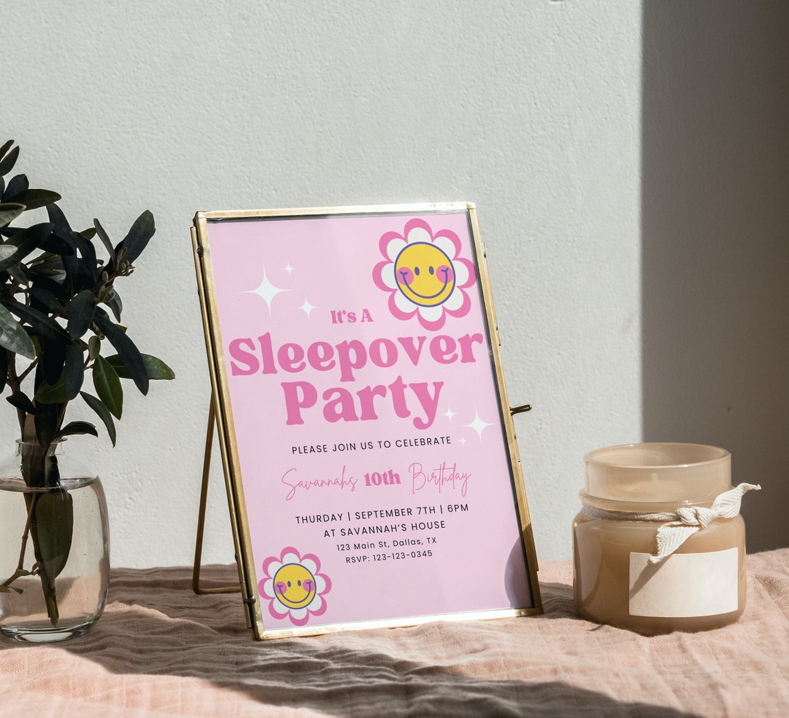 Preppy Sleepover Birthday Invitation Girls Pink Slumber Party Invite ...