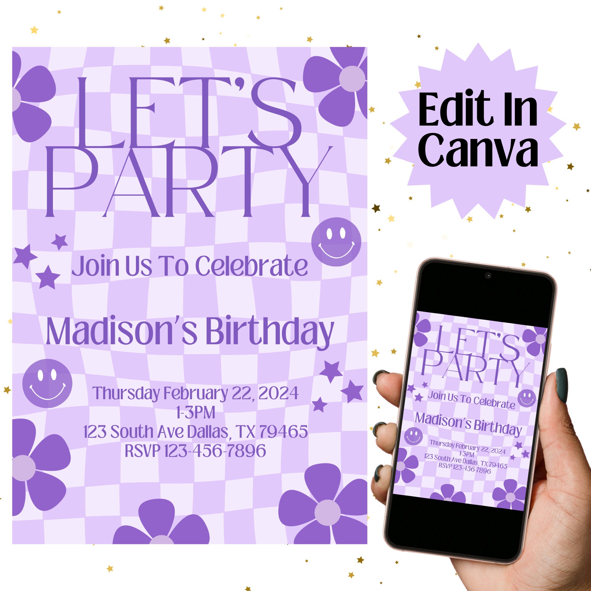 Purple Girls Birthday Party Invitation Wavey Checkered Preppy Happy ...