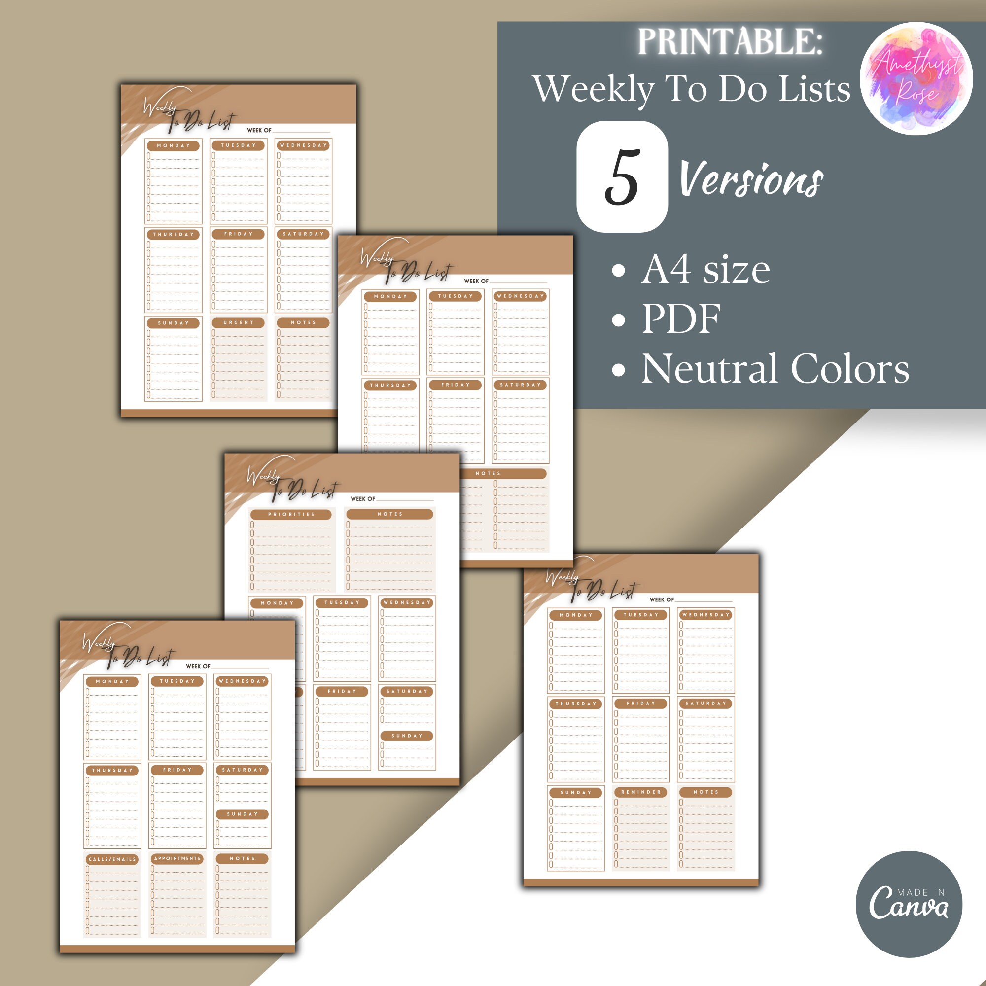 Printable Weekly to Do List | Weekly Planner Checklist | A4 Size | PDF ...