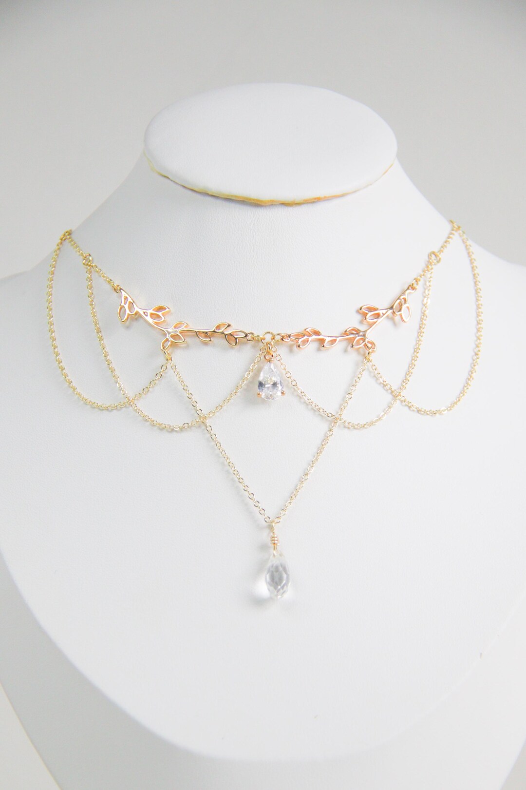 Beaded Gold Leaf Necklace Fairycore Jewelry, Double Teardrop Pendant ...