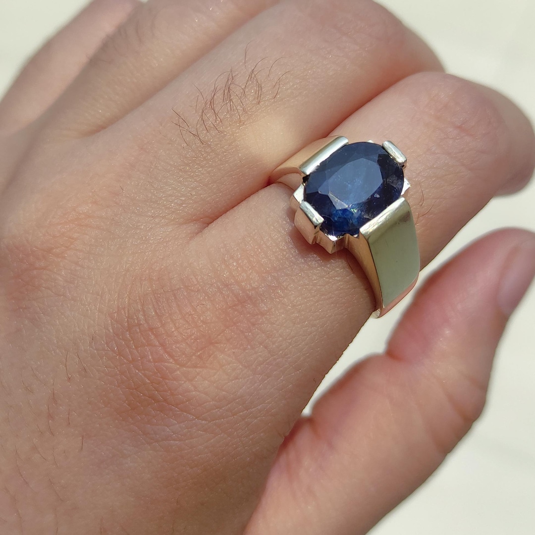 Natural Sapphire Ring, Real 5ct Blue Sapphire Gemstone Ring, Mens Handmade Ring, 925 Sterling ...