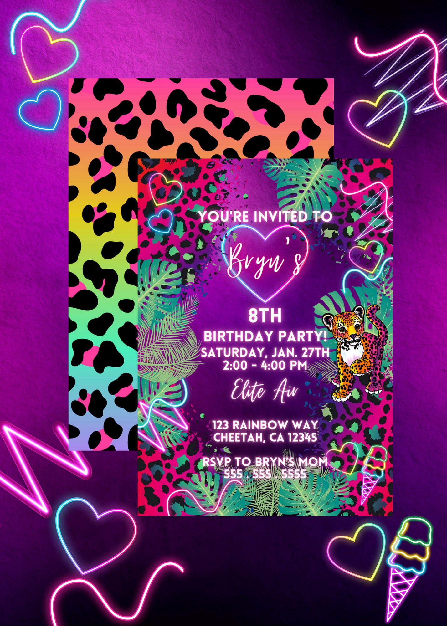 Cheetah Rainbow EDITABLE Birthday Invitation - Etsy