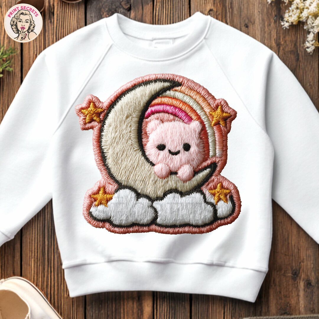Cute Moon Bear Embroidery Effect PNG, Kawaii Printable, Sublimation DTF ...
