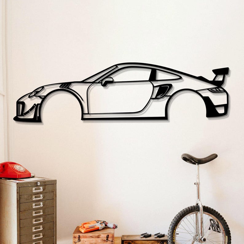 GT2 RS Sports Car Wall Art in Black Metal – Modern Garage & Car ...