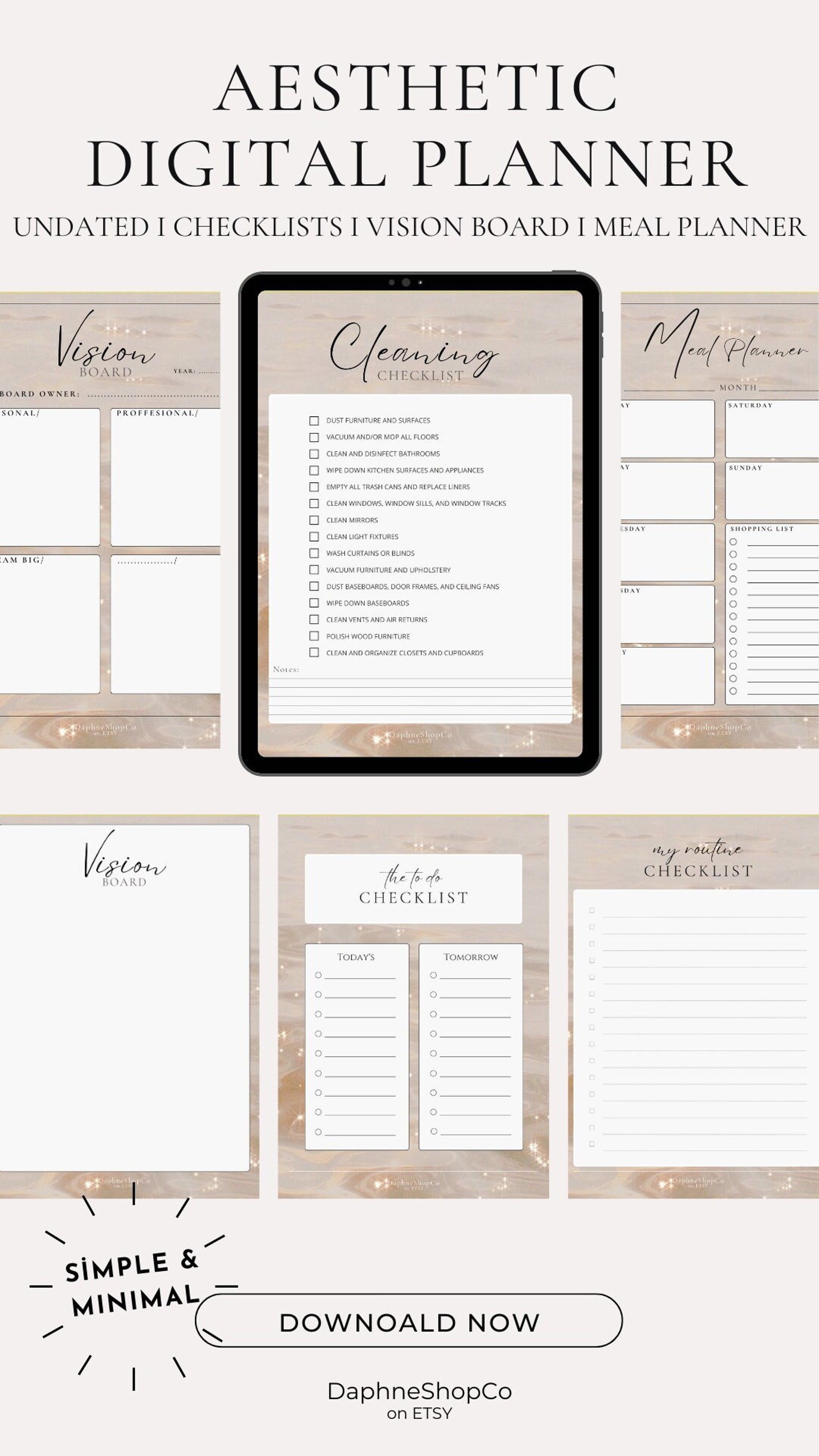 Aesthetic Planner Set I Meal Planner, Checklists, Vision Board I ...