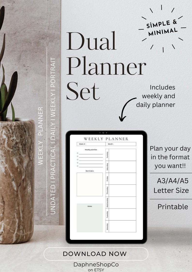 Dual Daily and Weekly Planner Set Planner Bundle Minimalist A3, A4, A5 ...