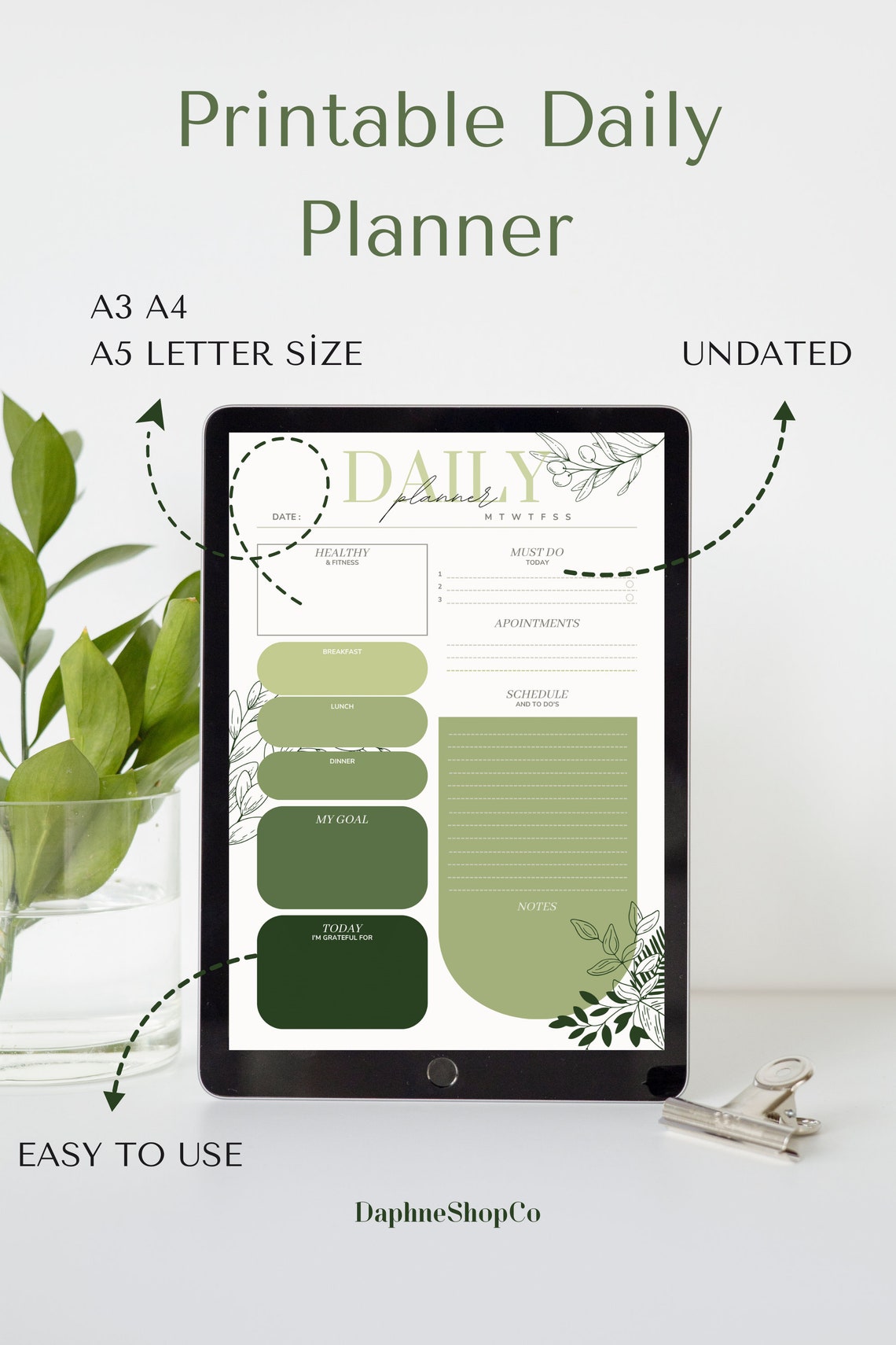 Green/flowery Green/blue/cream Colored Daily Planner Bundle, Printable ...