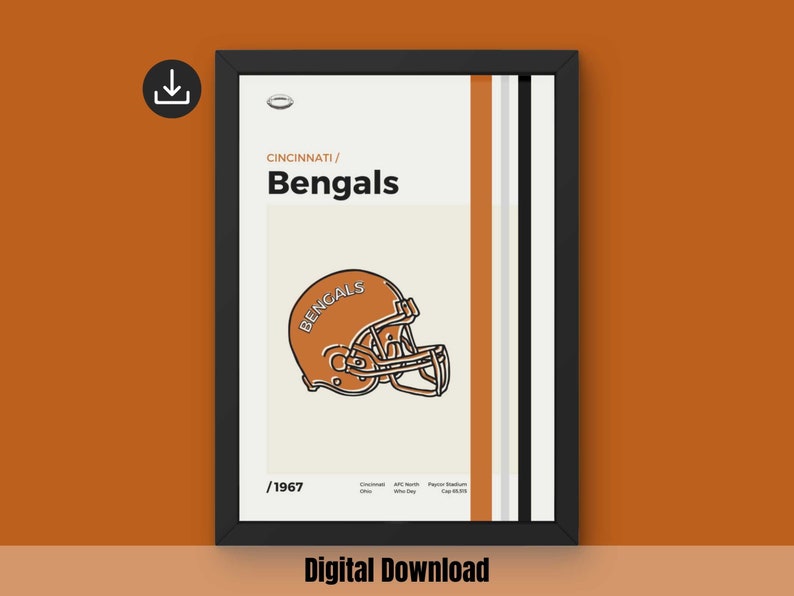 Cincinnati Bengals Poster - Minimal Mid Century Modern Wall Print ...