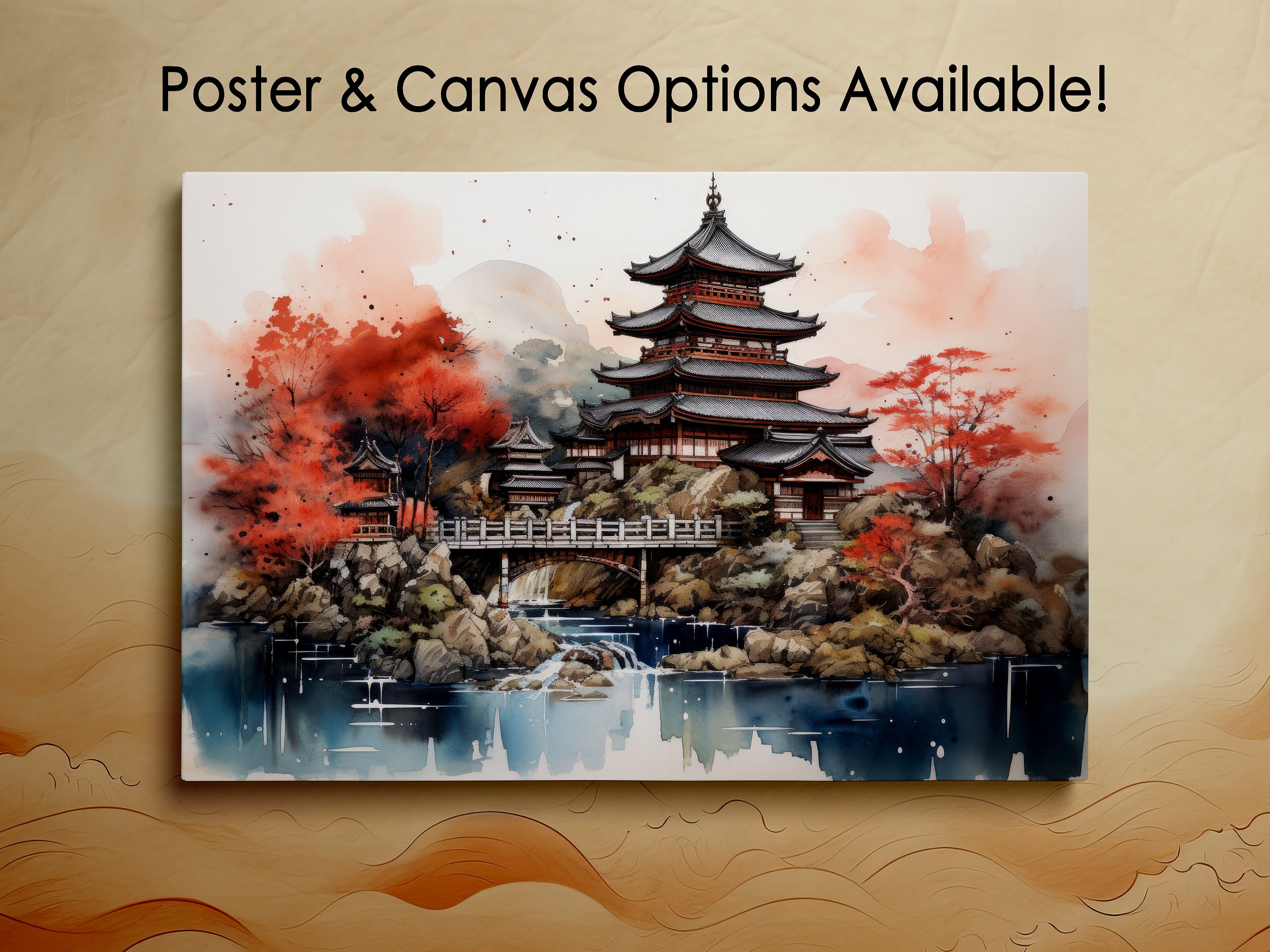 Japanese Castle by a Lake, Asian Inspired Art, Japanese Art, Watercolor ...