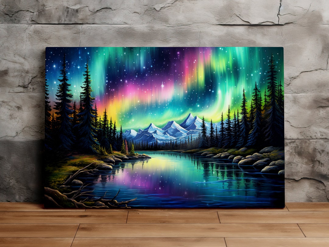 Northern Lights Over Mountains, Aurora Borealis, Meditation Art, Scenic ...