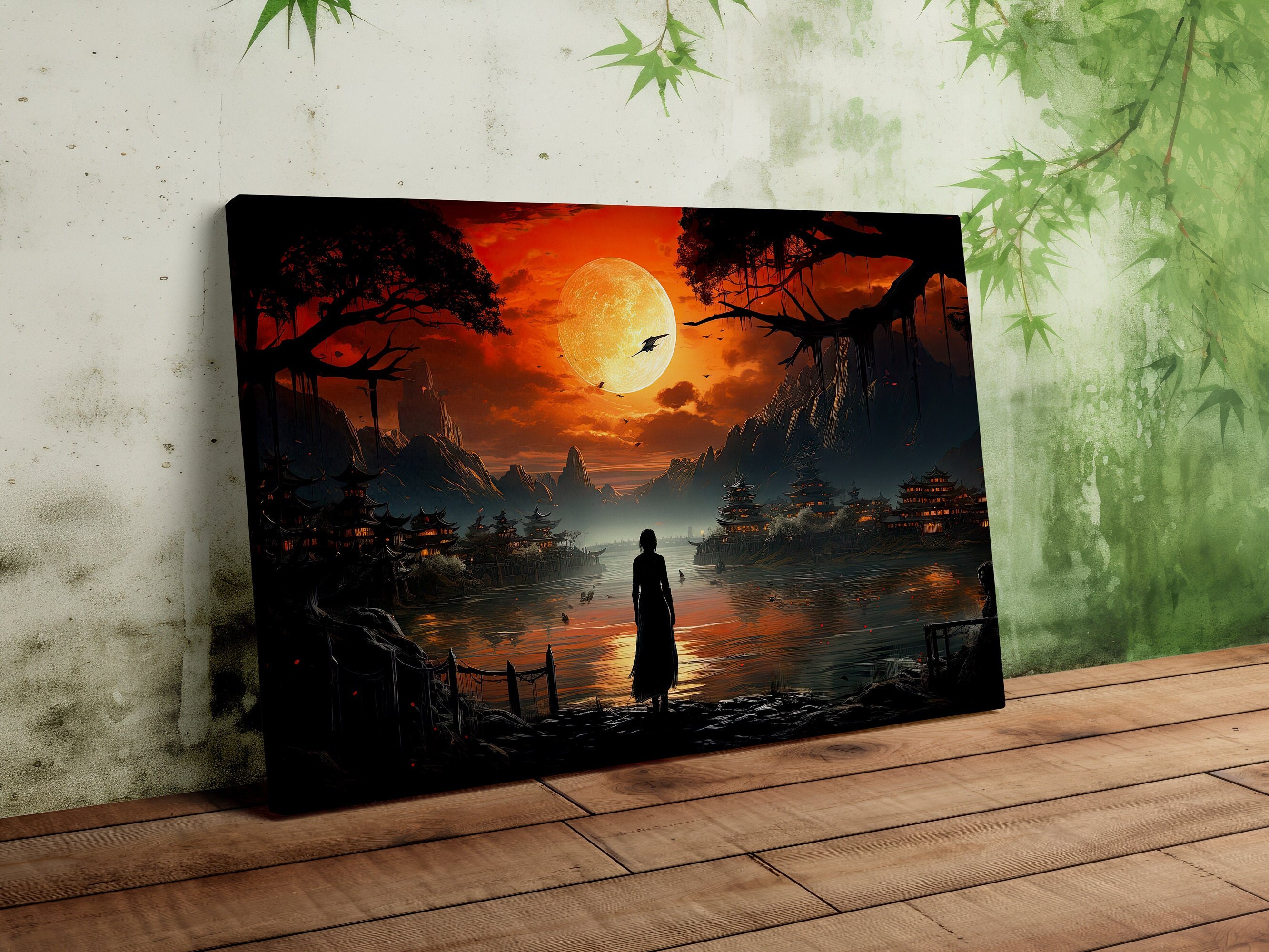 Japanese Moonlight Over the Village, Mystical Art, Fantasy Landscape ...