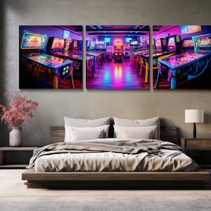 Retro Arcade, Pinball Machines, Game Room Art, Scenic Wall Art, Canvas ...