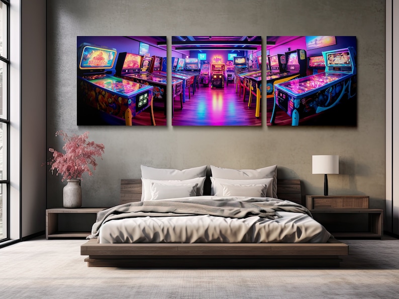 Retro Arcade, Pinball Machines, Game Room Art, Scenic Wall Art, Canvas ...