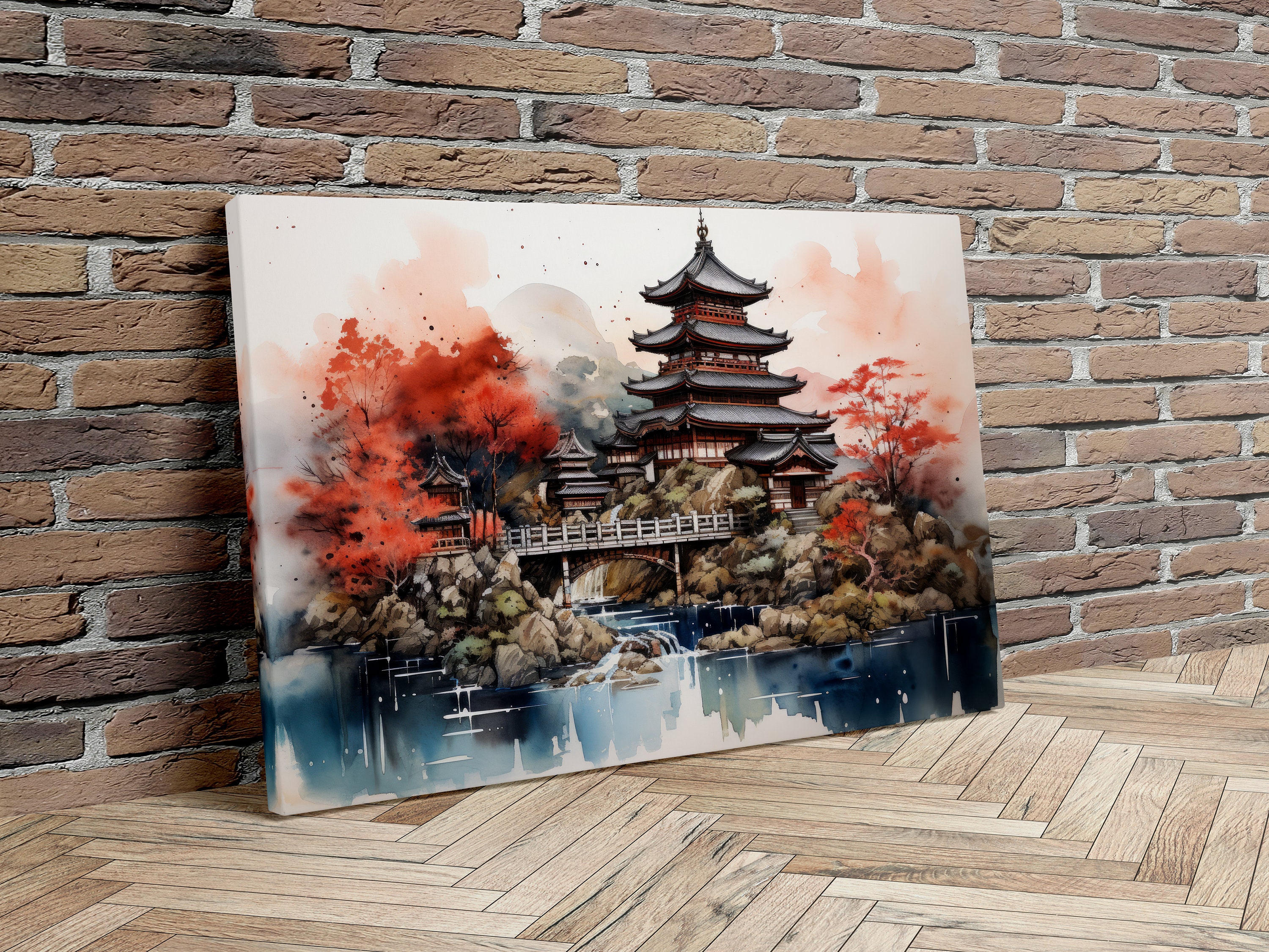Japanese Castle by a Lake, Asian Inspired Art, Japanese Art, Watercolor ...
