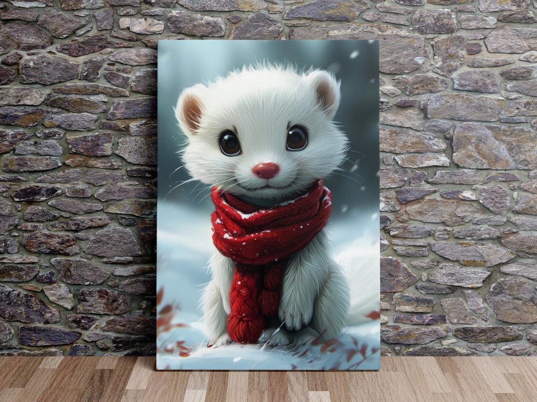 Cute Critter in a Red Scarf, Stoat Animal Art, Christmas Art, Nature ...
