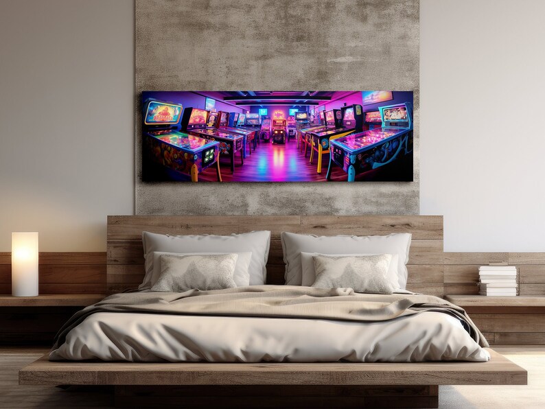 Retro Arcade, Pinball Machines, Game Room Art, Scenic Wall Art, Canvas ...