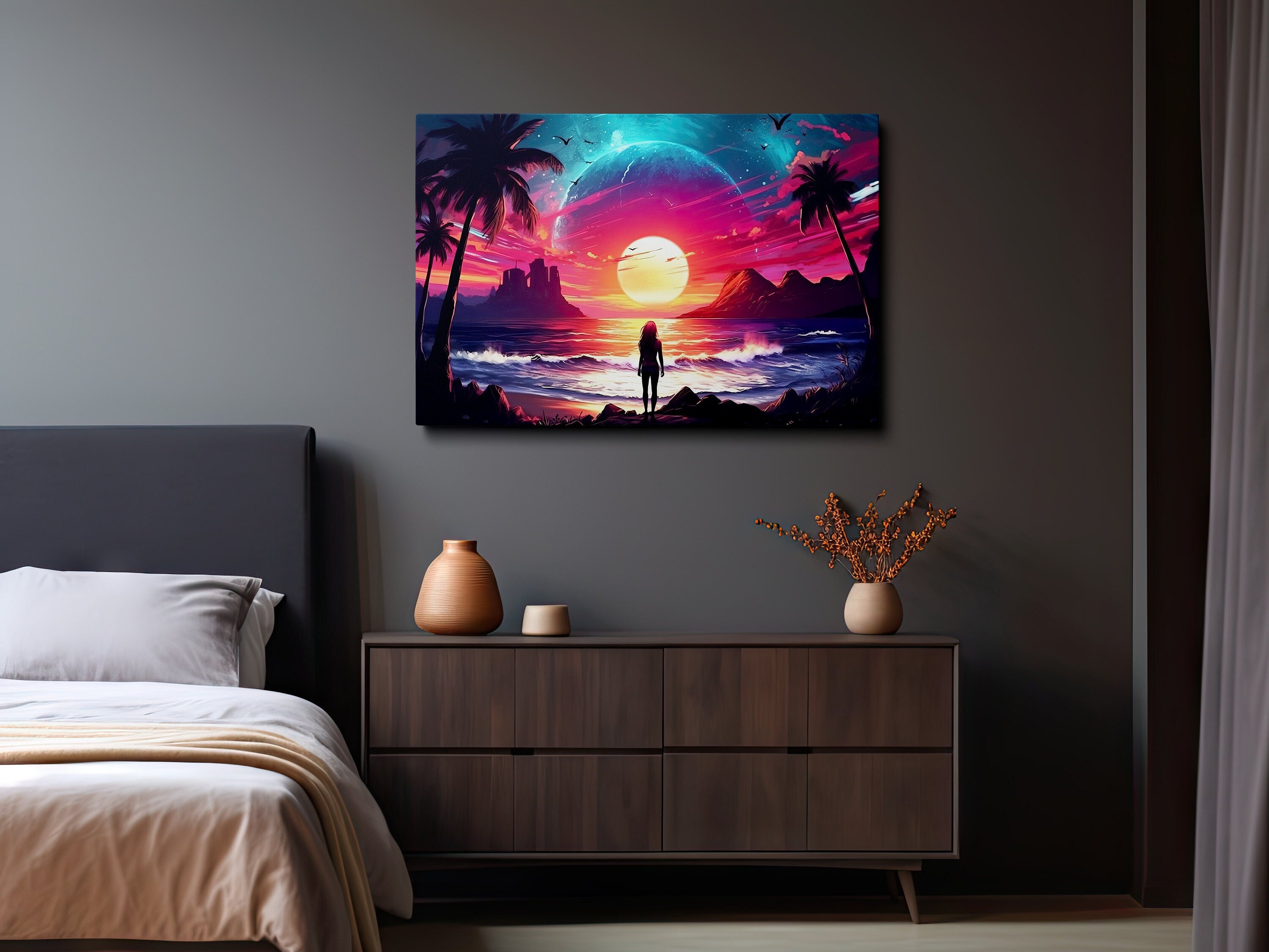Retro Beach Sunset, Beautiful Landscape, Paradise Art, Neon Colors ...