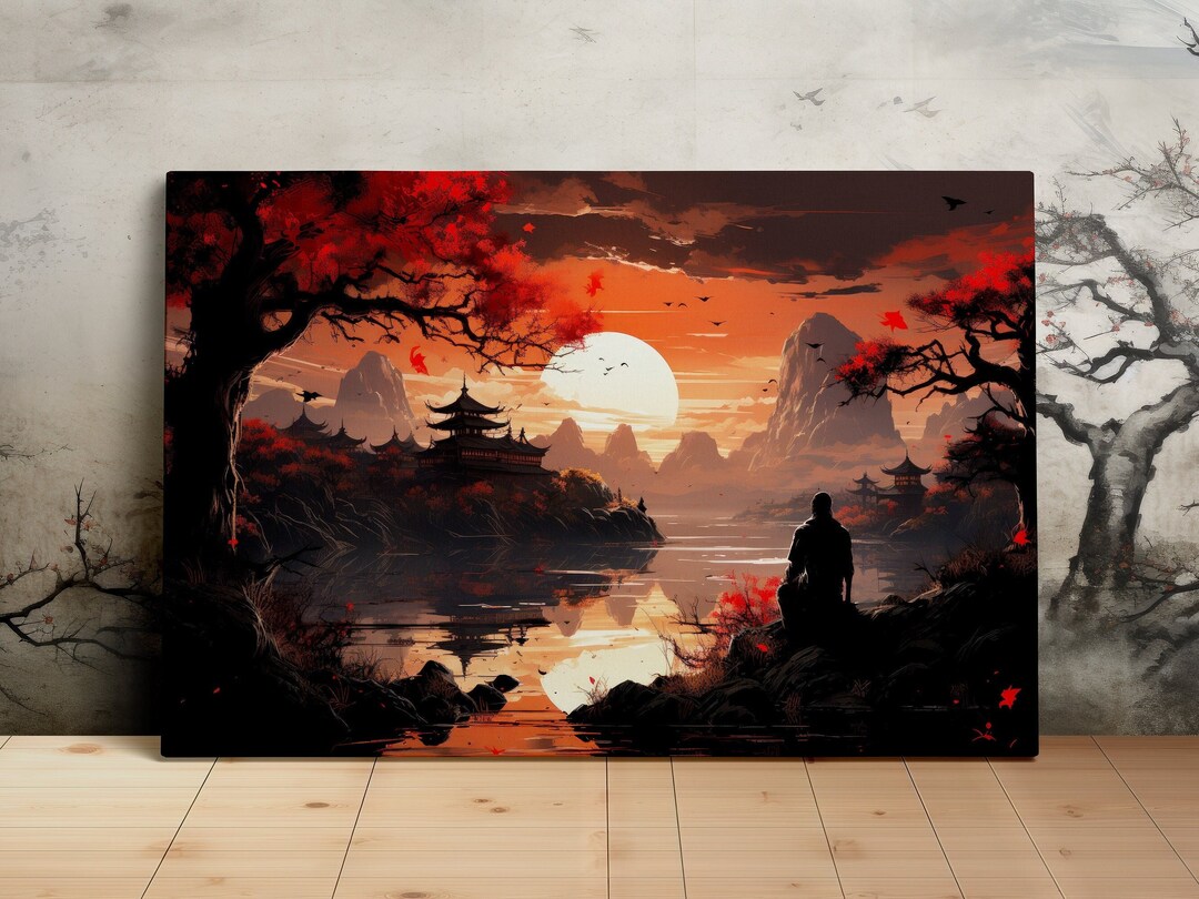 Japanese Warrior by a Serene Lake, Eastern Art, Samurai, Meditation ...