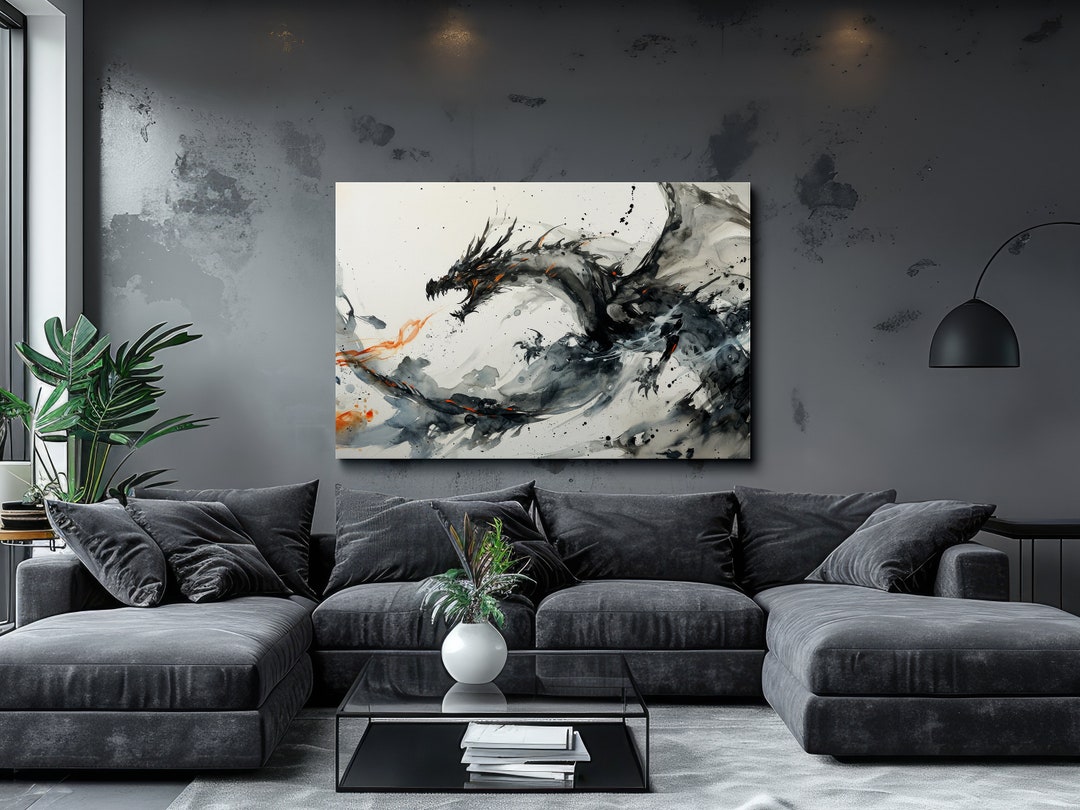 Black Fire Breathing Dragon in Ink Blot Style, Dragon Art, Fantasy Art ...