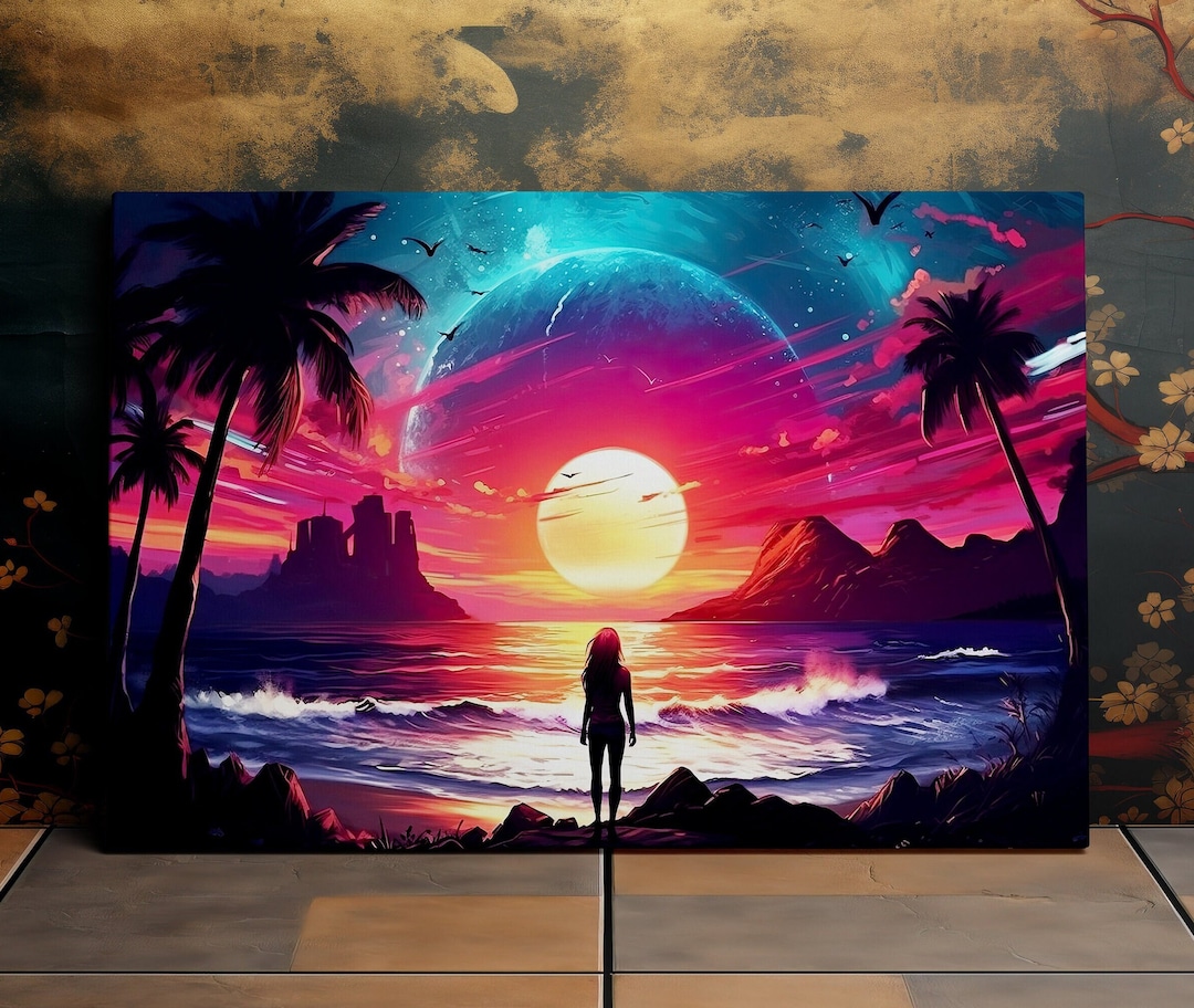 Retro Beach Sunset, Beautiful Landscape, Paradise Art, Neon Colors ...