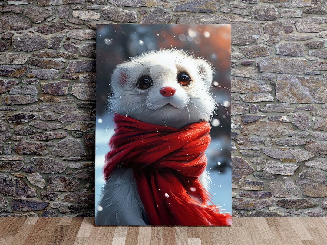 Cute Stoat in a Red Scarf, Cute Animal Art, Christmas Art, Scenic Wall ...