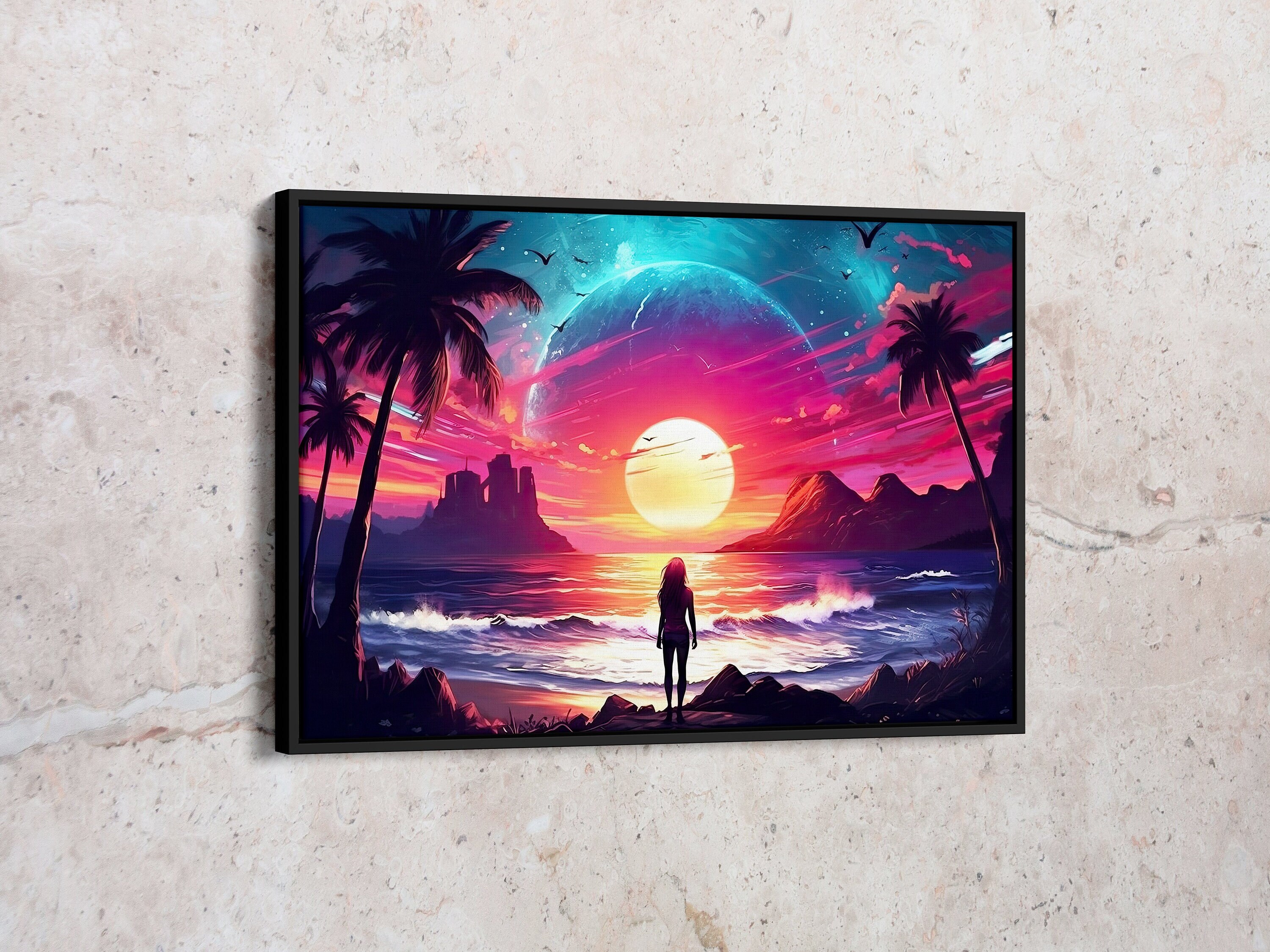 Retro Beach Sunset, Beautiful Landscape, Paradise Art, Neon Colors ...