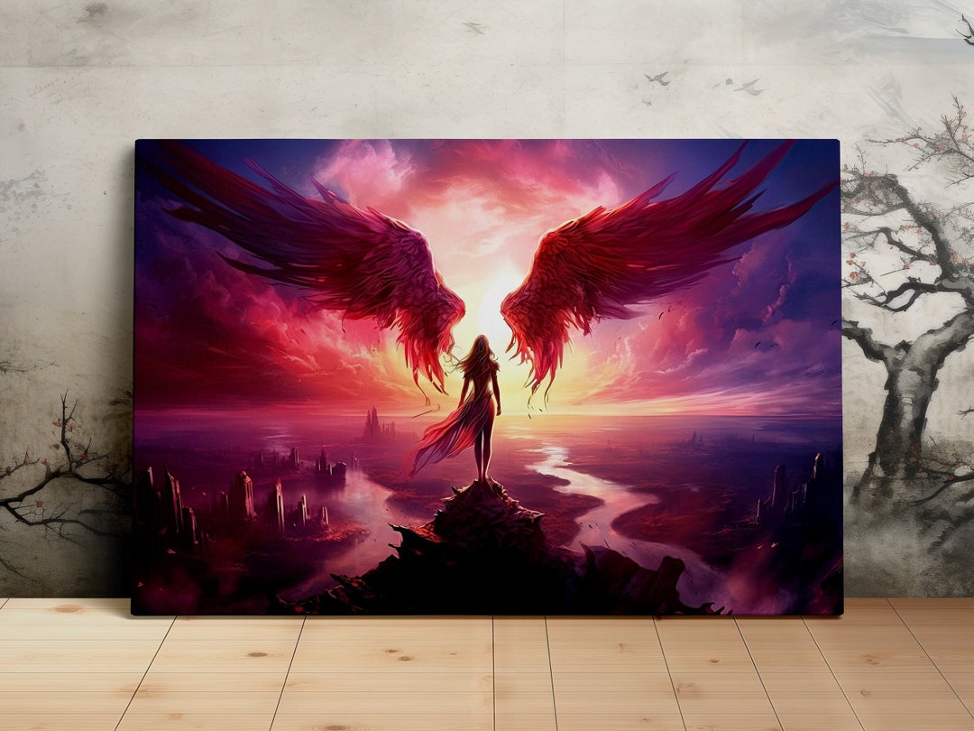 Angel Overlooking the Land, Angelic Wings at Dawn, Heavenly Art, Scenic ...