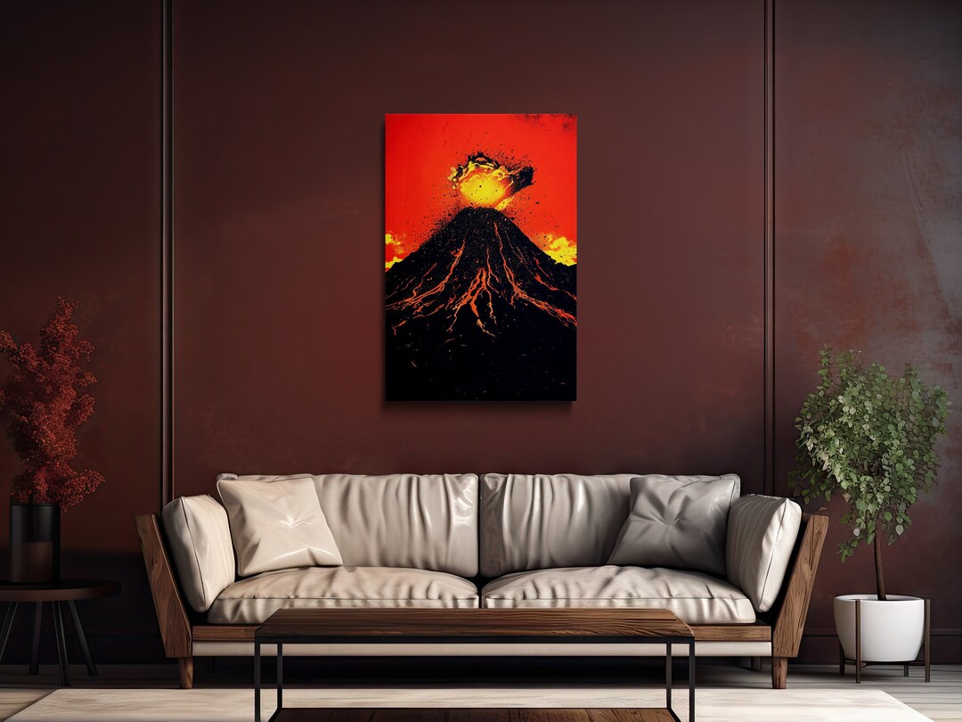Erupting Volcano in Action, Modern Art, Digital Print on Canvas, Scenic ...