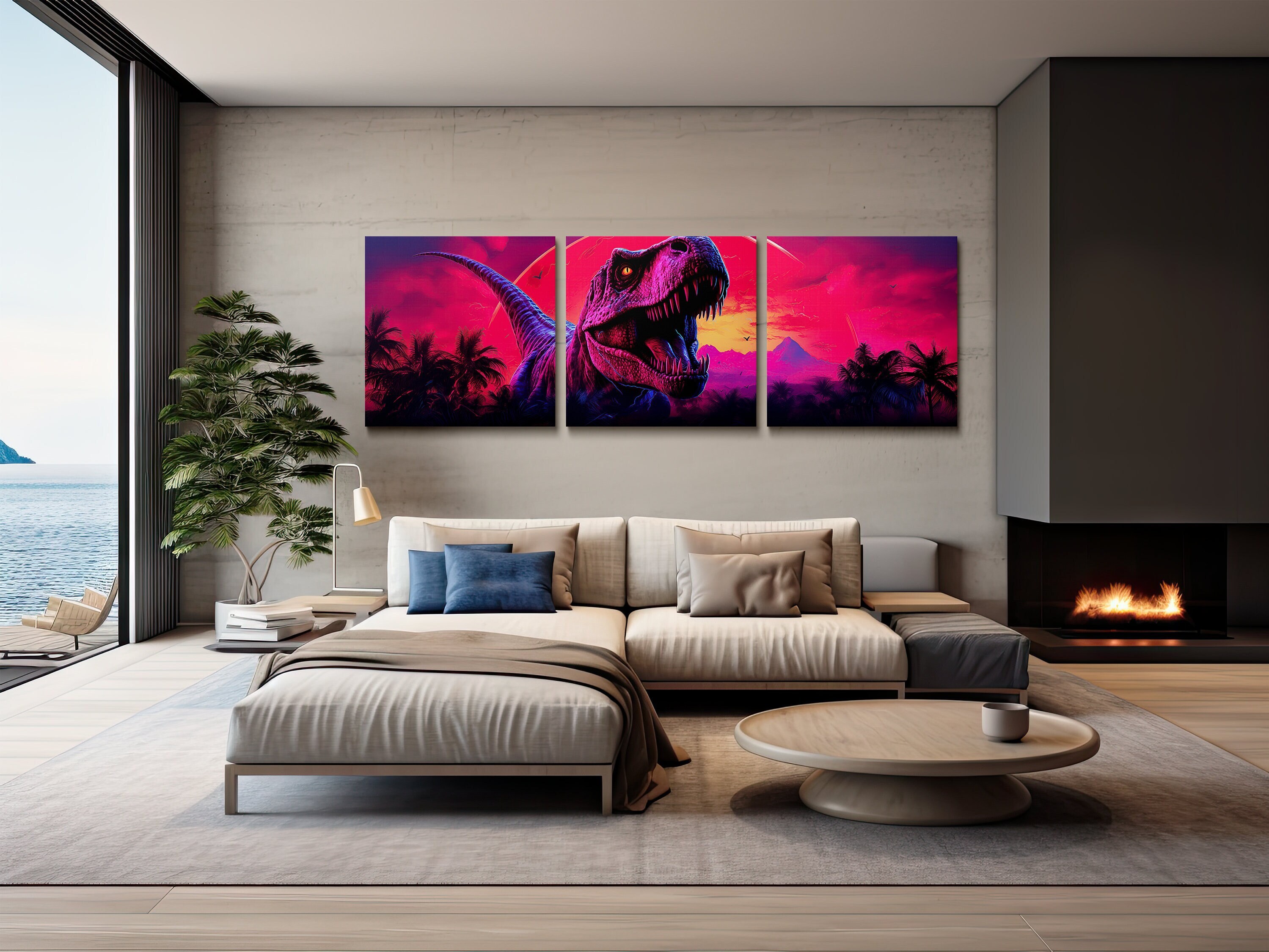 Synthwave T-rex, Dinosaur Art, Jurassic Park, Scenic Wall Art, Canvas ...