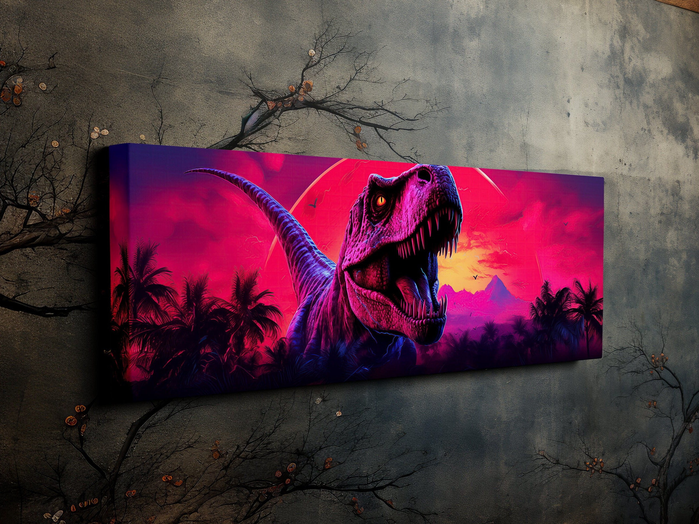 Synthwave T-rex, Dinosaur Art, Jurassic Park, Scenic Wall Art, Canvas ...