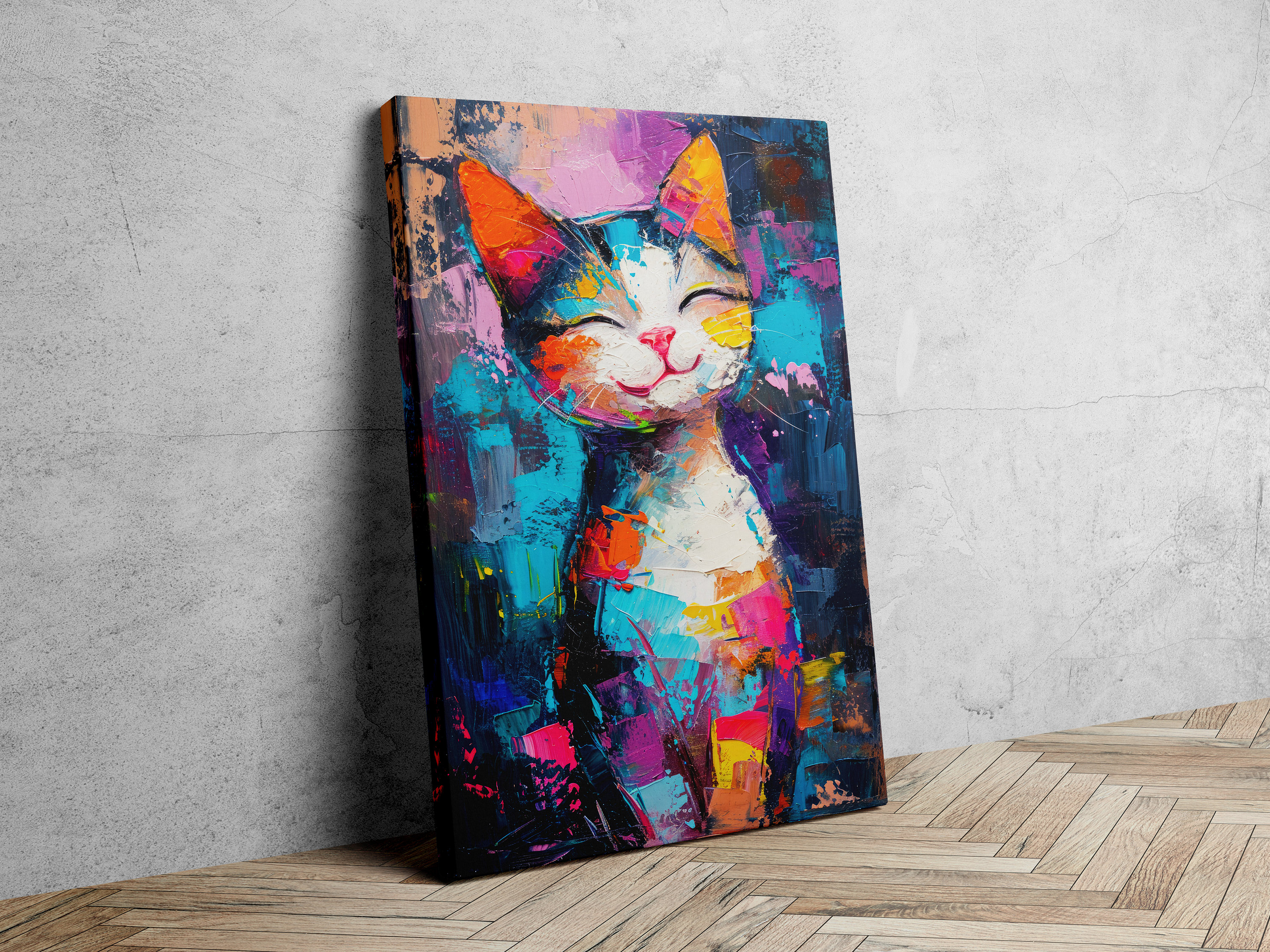 Happy Cat in Oil Painting Style, Digital Print on Canvas, Cat Art ...