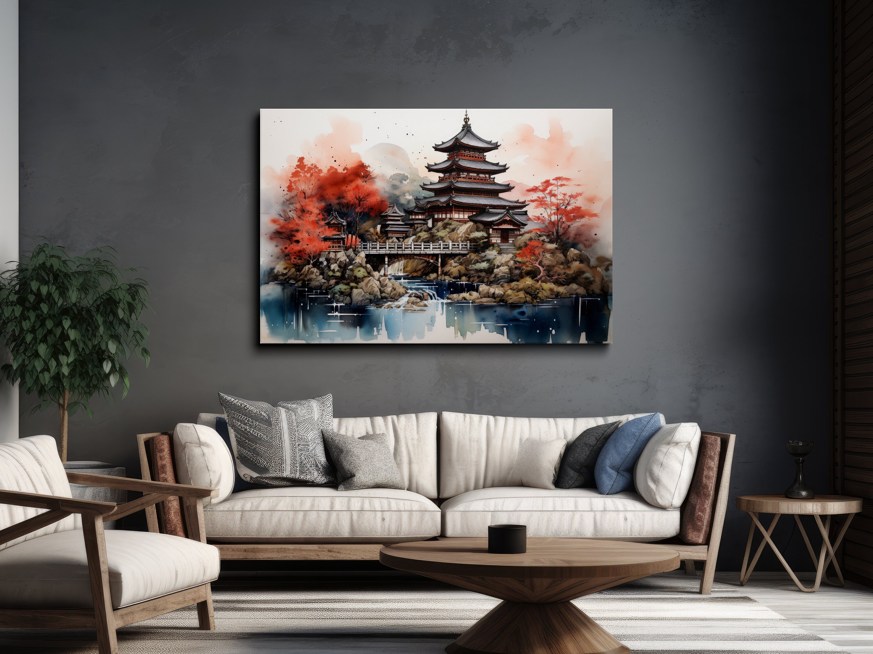 Japanese Castle by a Lake, Asian Inspired Art, Japanese Art, Watercolor ...