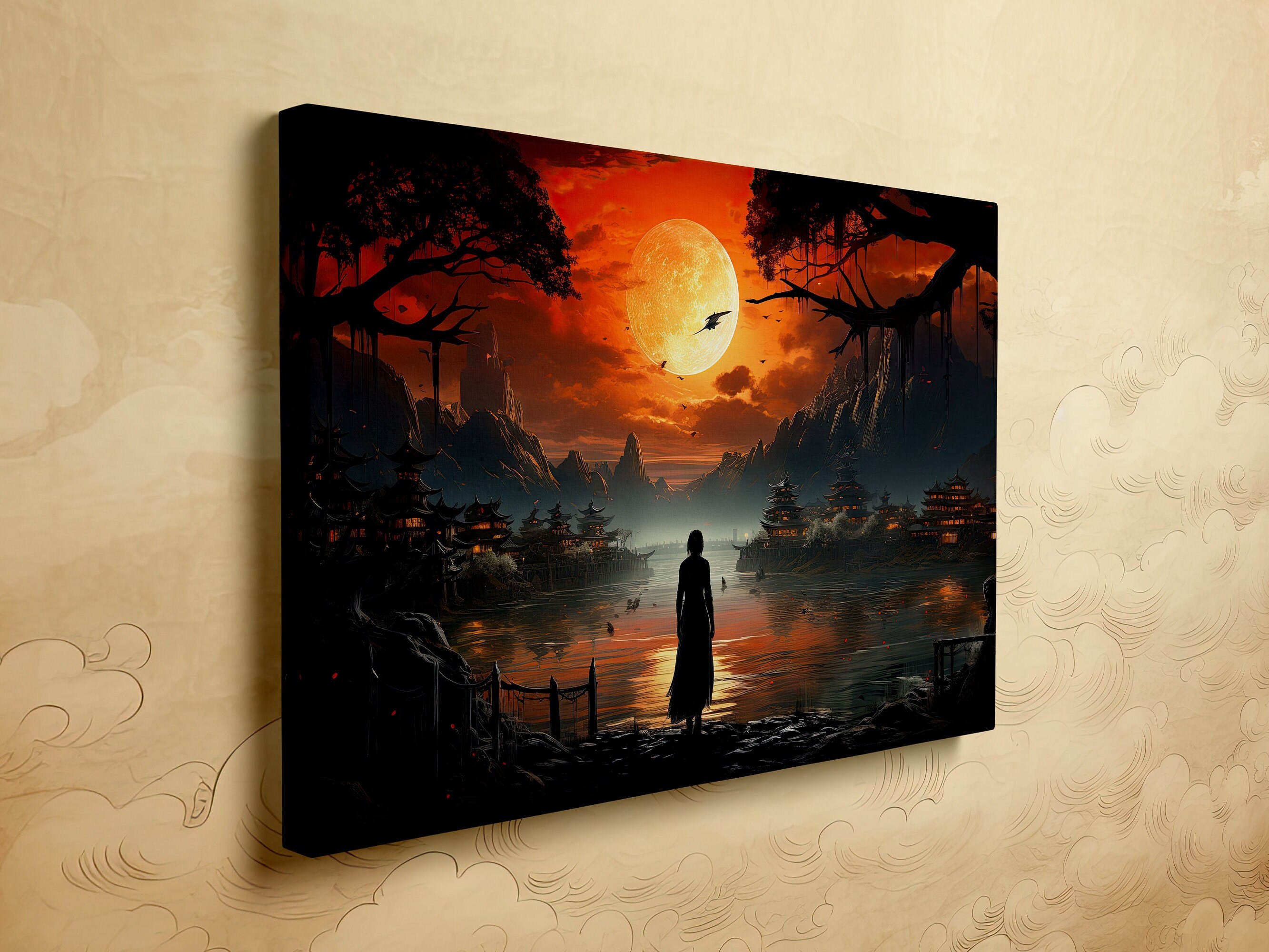 Japanese Moonlight Over the Village, Mystical Art, Fantasy Landscape ...
