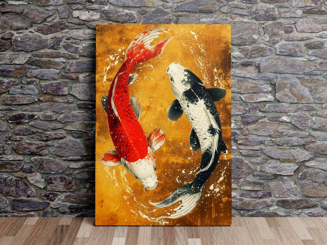 Red and Black Koi Fish Swimming a Pool of Gold, Japanese Art, Asian Art ...