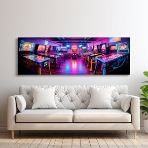 Retro Arcade, Pinball Machines, Game Room Art, Scenic Wall Art, Canvas ...
