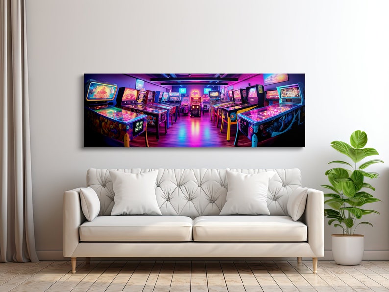 Retro Arcade, Pinball Machines, Game Room Art, Scenic Wall Art, Canvas ...