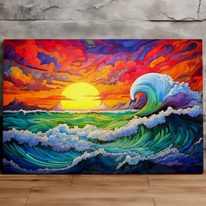 Colorful Ocean Waves at Sunset, Nature Art, Beach Art, Ocean Art ...