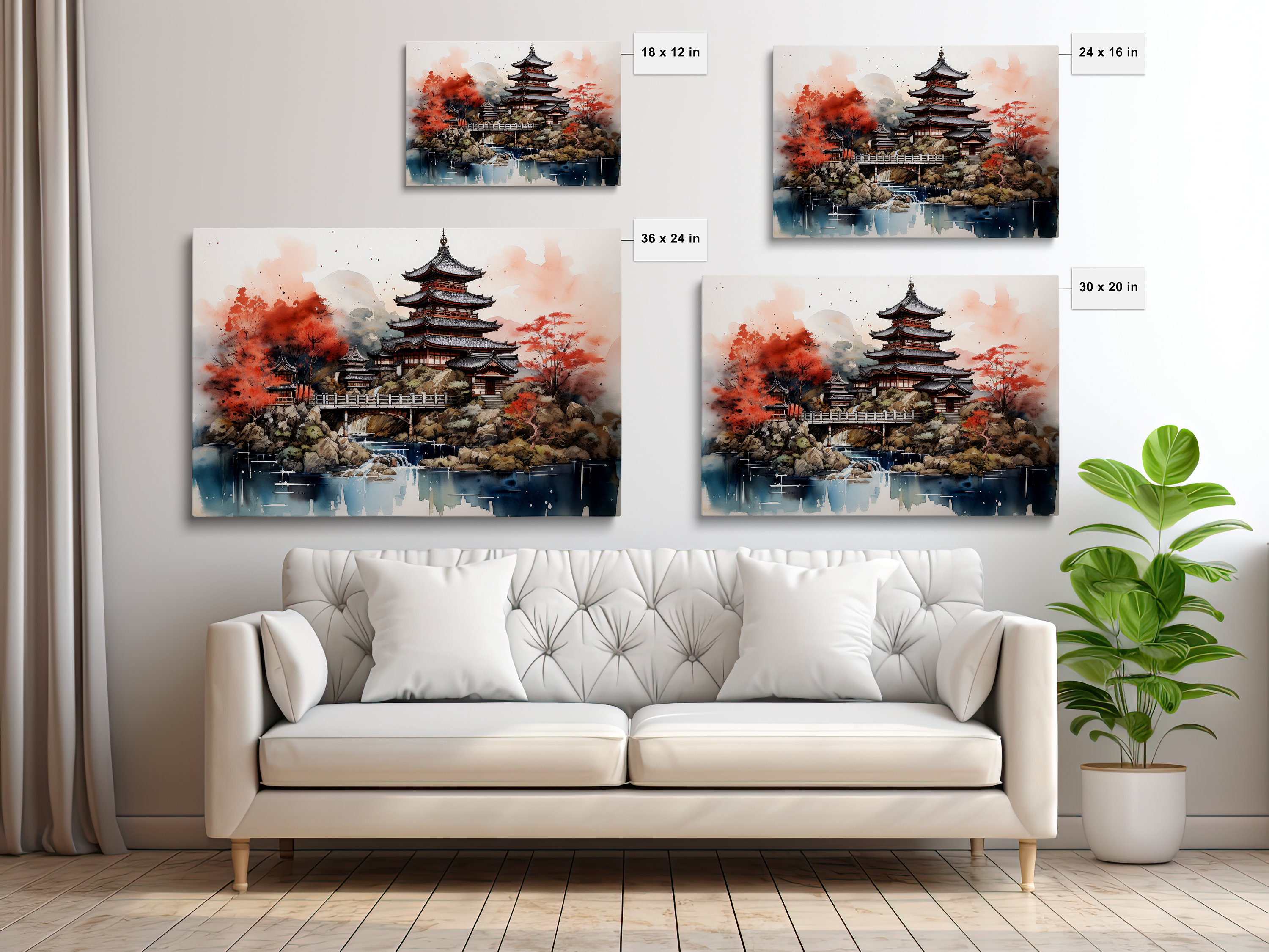 Japanese Castle by a Lake, Asian Inspired Art, Japanese Art, Watercolor ...