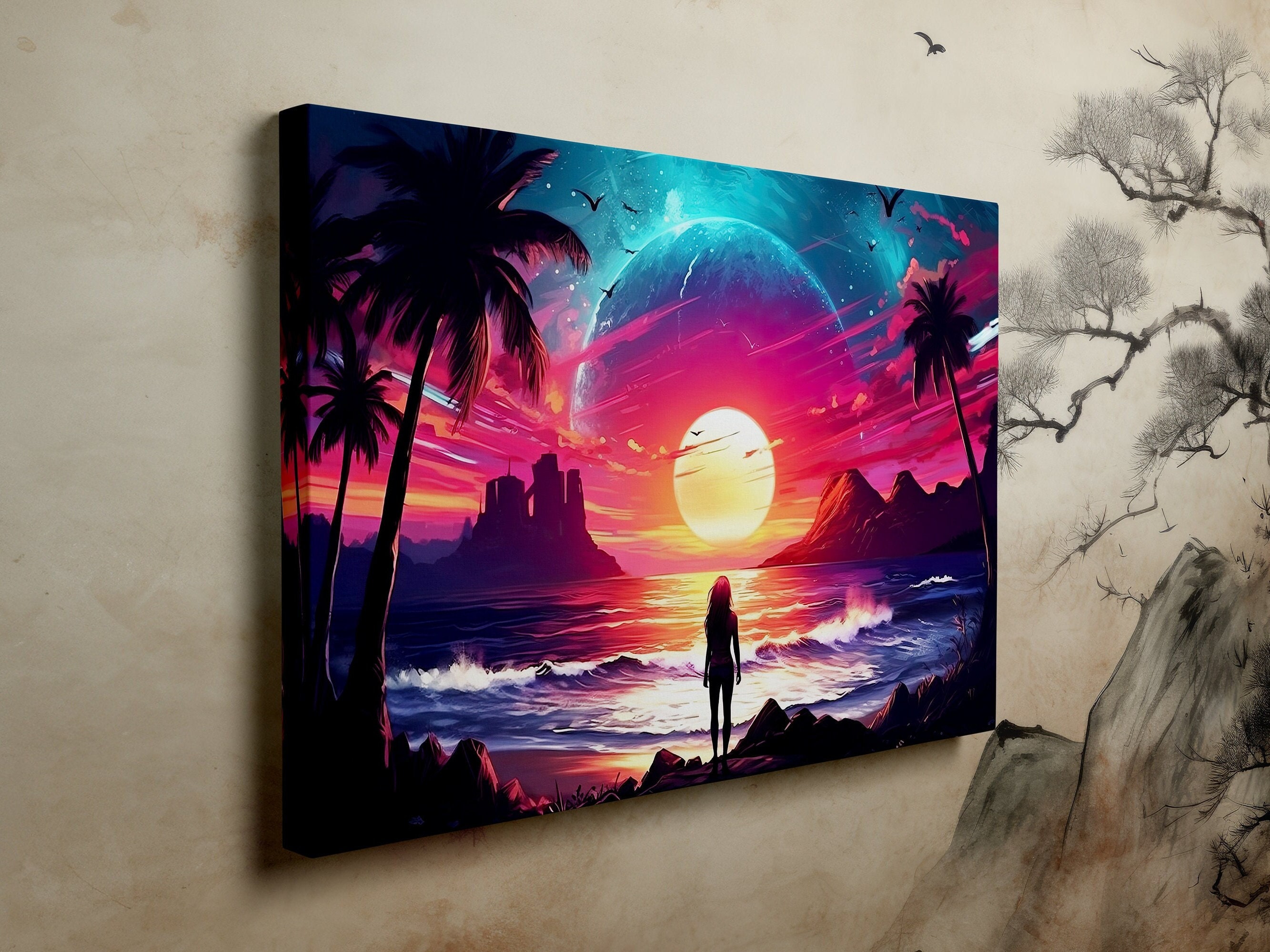 Retro Beach Sunset, Beautiful Landscape, Paradise Art, Neon Colors ...
