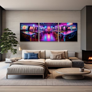 Retro Arcade, Pinball Machines, Game Room Art, Scenic Wall Art, Canvas ...