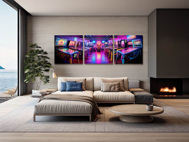 Retro Arcade, Pinball Machines, Game Room Art, Scenic Wall Art, Canvas ...