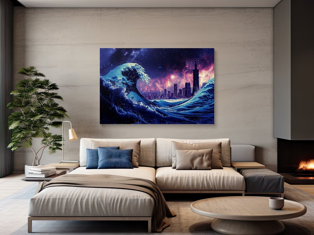 Tidal Wave Near a Modern City at Night, Japanese Wave Art, Ocean Art ...