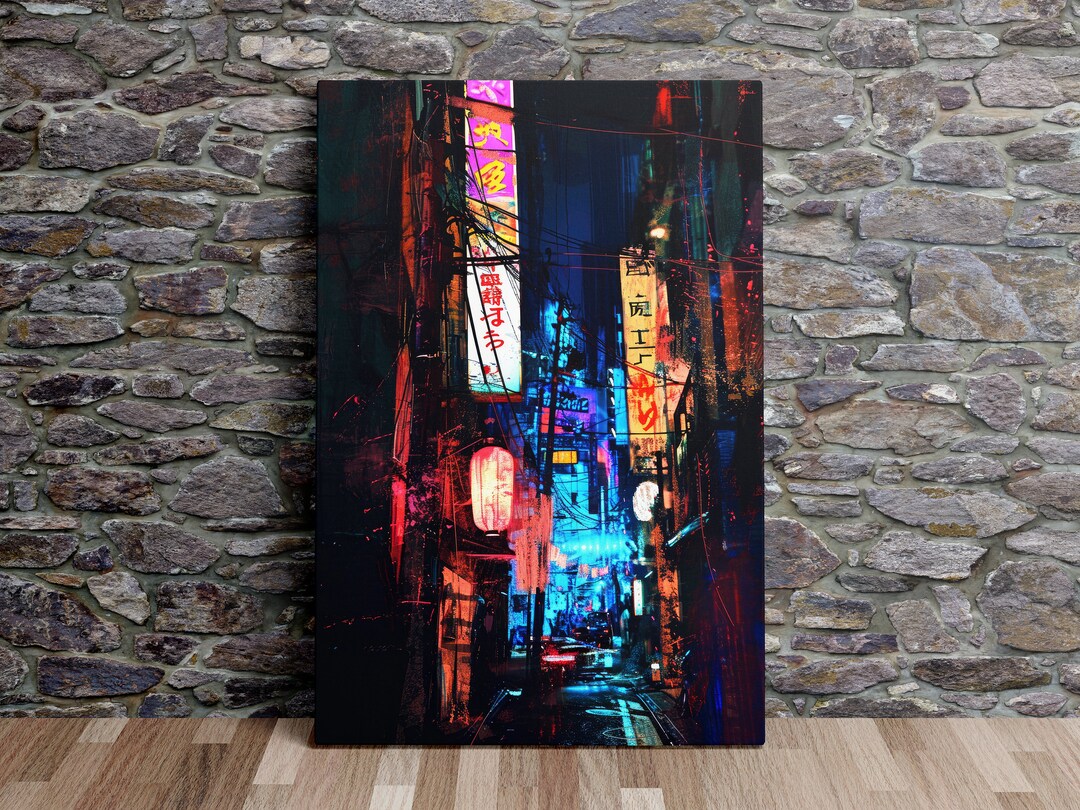 Japanese Alley at Night, Modern Art, Digital Print on Canvas, Scenic ...